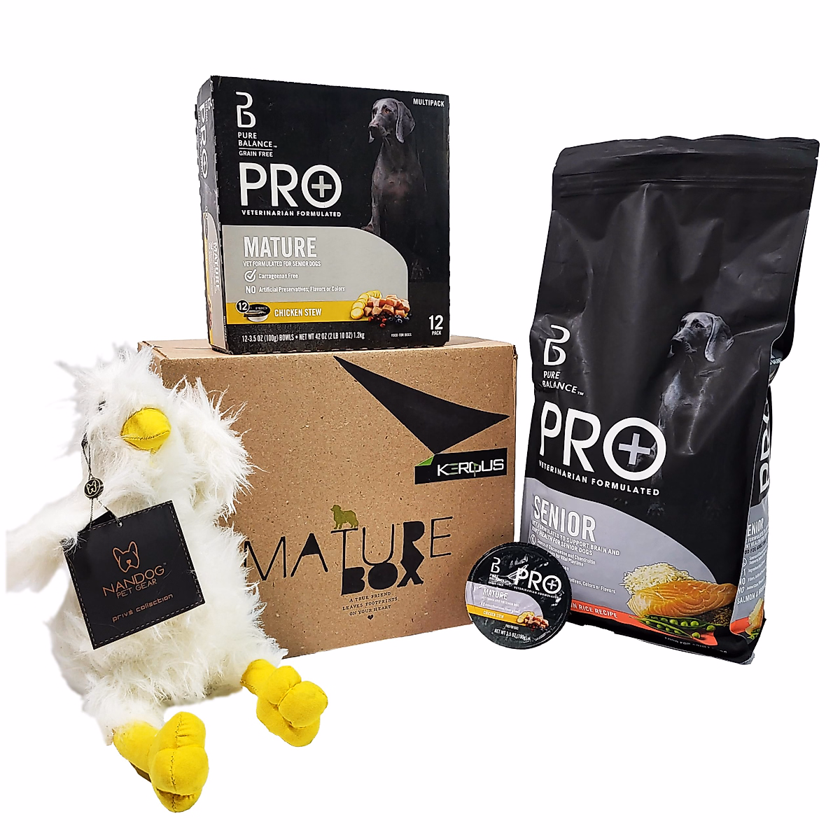 KERQUS Mature Kit, Pure Balance Pro+ Mature Salmon & Brown Rice Recipe Dry Dog Food for Senior Dog, 8 lbs,Mature Wet Dog Food Variety Pack, 3.5 oz Bowls (12 Pack),Nandog Plush Toy