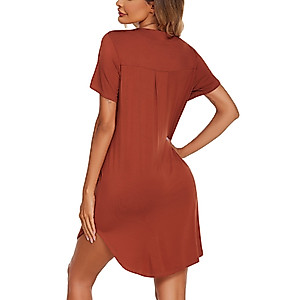 Ekouaer Short Sleeve Nightgown Button Sleep Dress for Women Sleepwear with Split Hem Wedding Pajama Party Dress Brick Red