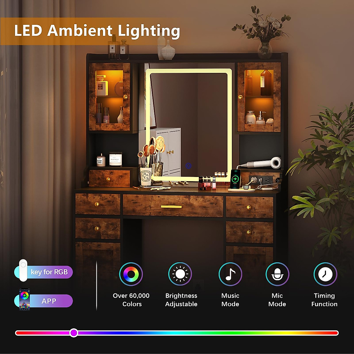 Dnxao Large Make up Vanity Desk with Mirror and Lights,3 Lights Mode and Brightness Adjusted by Touch Button, Built-in Power Strip and 6 Drawers,4 cabinets,2 cabinets with RGB Lights, Rustic Brown