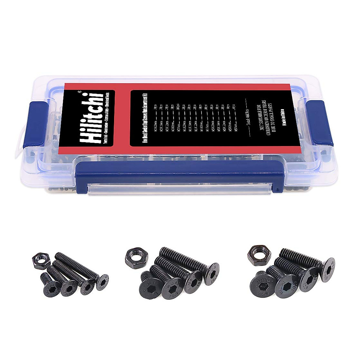 Hilitchi 460-Pcs M3 M4 M5 Hex Socket Flat Head Countersunk Bolts Screw Nut Assortment Kit - 10.9 Grade Alloy Steel