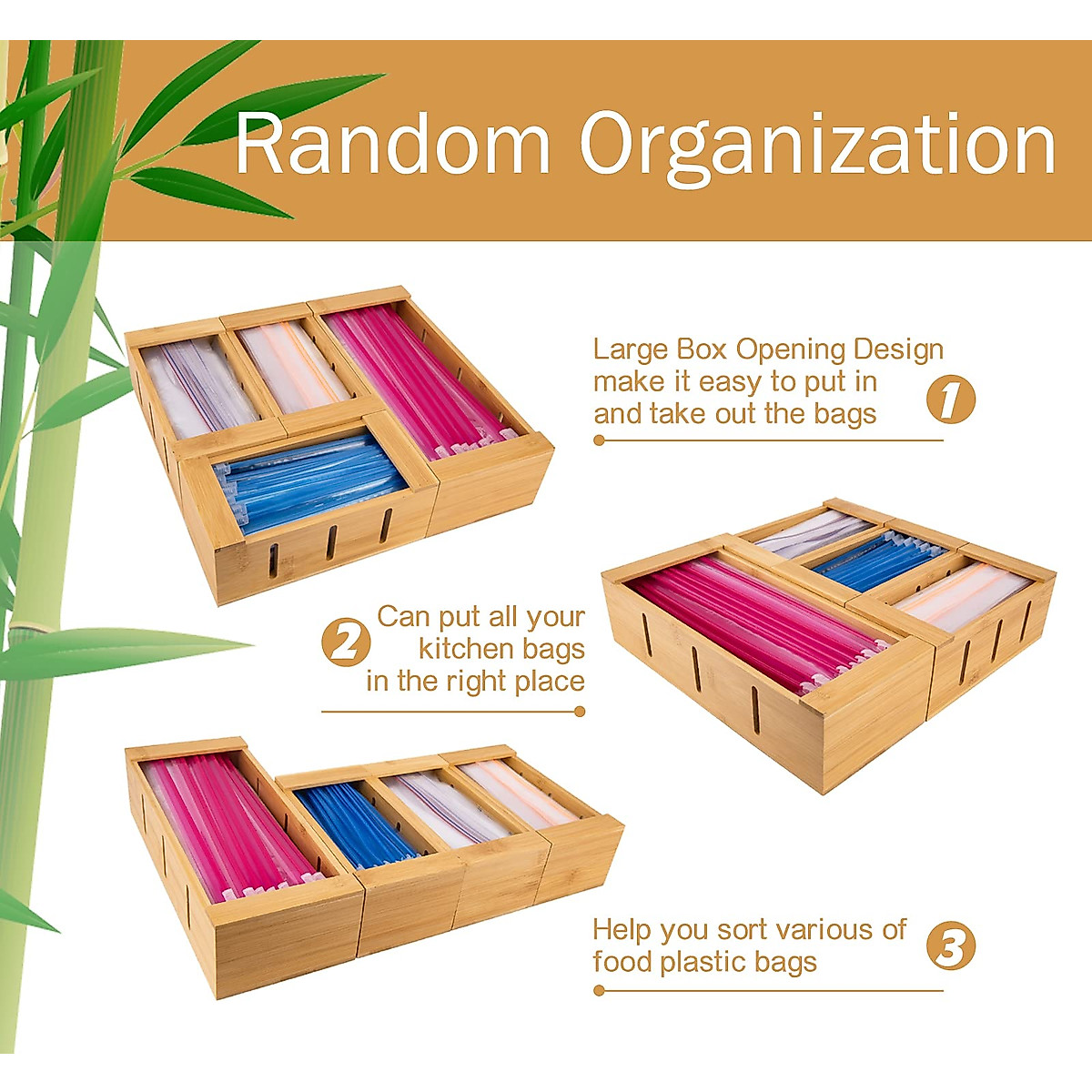 IVONNEY Bag Storage Organizer, Bamboo Food Storage Plastic Bag Organizer Drawer, Sandwich Bag Holder, Snack Gallon Quart Baggie Organizer Fit for Ziploc Hefty Glad Solimo Bags