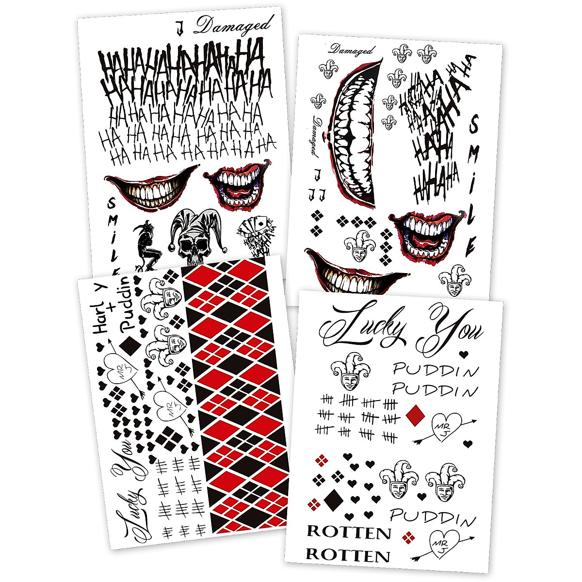 3-Pack Large Cosplay Clown Prince JOKAR & HARLI QUYNN Temporary Tattoos – 8.2 x 11.6 Inch Fake Tattoos for Cosplay, Halloween, and Parties
