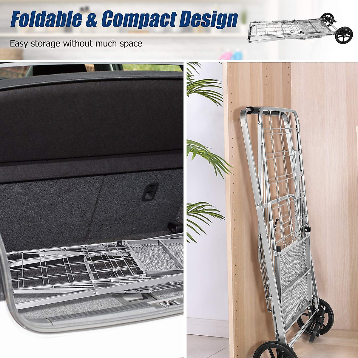 Goplus Folding Shopping Cart, Jumbo Double Basket Utility Grocery Cart 330lbs Capacity with 360° Rolling Swivel Wheels, Portable Heavy Duty Cart for Laundry Shopping Grocery