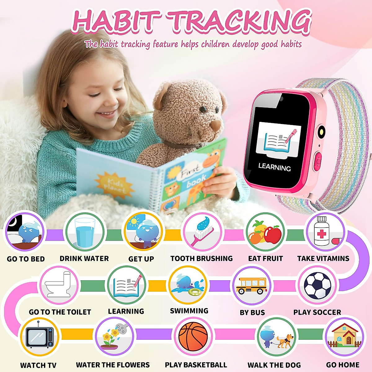 Vakzovy Smart Watch for Kids Gift for Girs Toys Age 6-8, with Video Camera Music Audiobook Games Kids Watches for Girls Ages 8-10 Educational Birthday Gifts for 5 6 7 8 9 10 Year Old Girls