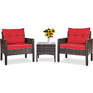 LDAILY Patio Furniture Set, 3 Pieces Outdoor Rattan Patio Chairs with Comfortable Cushion & Glass Tabletop, Outdoor Furniture Wicker Conversation Set for Porch, Balcony, Garden, Poolside (Red)