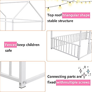 HZANHY Twin House Bed for Kids, Montessori Floor Bed with Rails, Metal Floor Bed Frame for Boys Girls Toddlers, Playhouse Bed with Roof, Twin Kids Bed Floor Bed with Post Foot Pads for Teen