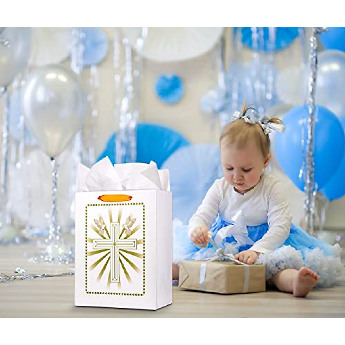 FaCraft 13" Large Gift Bag with Tissue Paper Cross Paper Gift Bags with Handle for Baptism Christenings Confirmations First Communions Religious Wedding,Baptism Gifts Bag for Kids Boys Girl