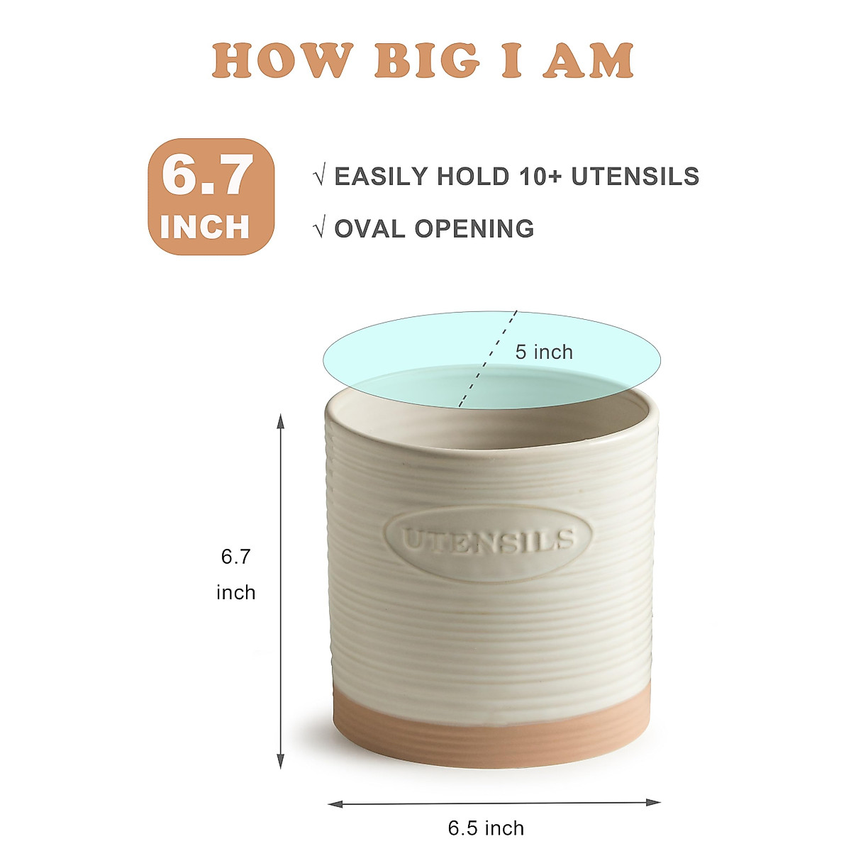 YHOSSEUN Utensil Holder for Kitchen Counter, Oval Utensil Crock Rustic Utensil Organizer for Countertop, 6.7" Ceramic Kitchen Tool Holder Two-tone Finish, Housewarming Cooking Gifts