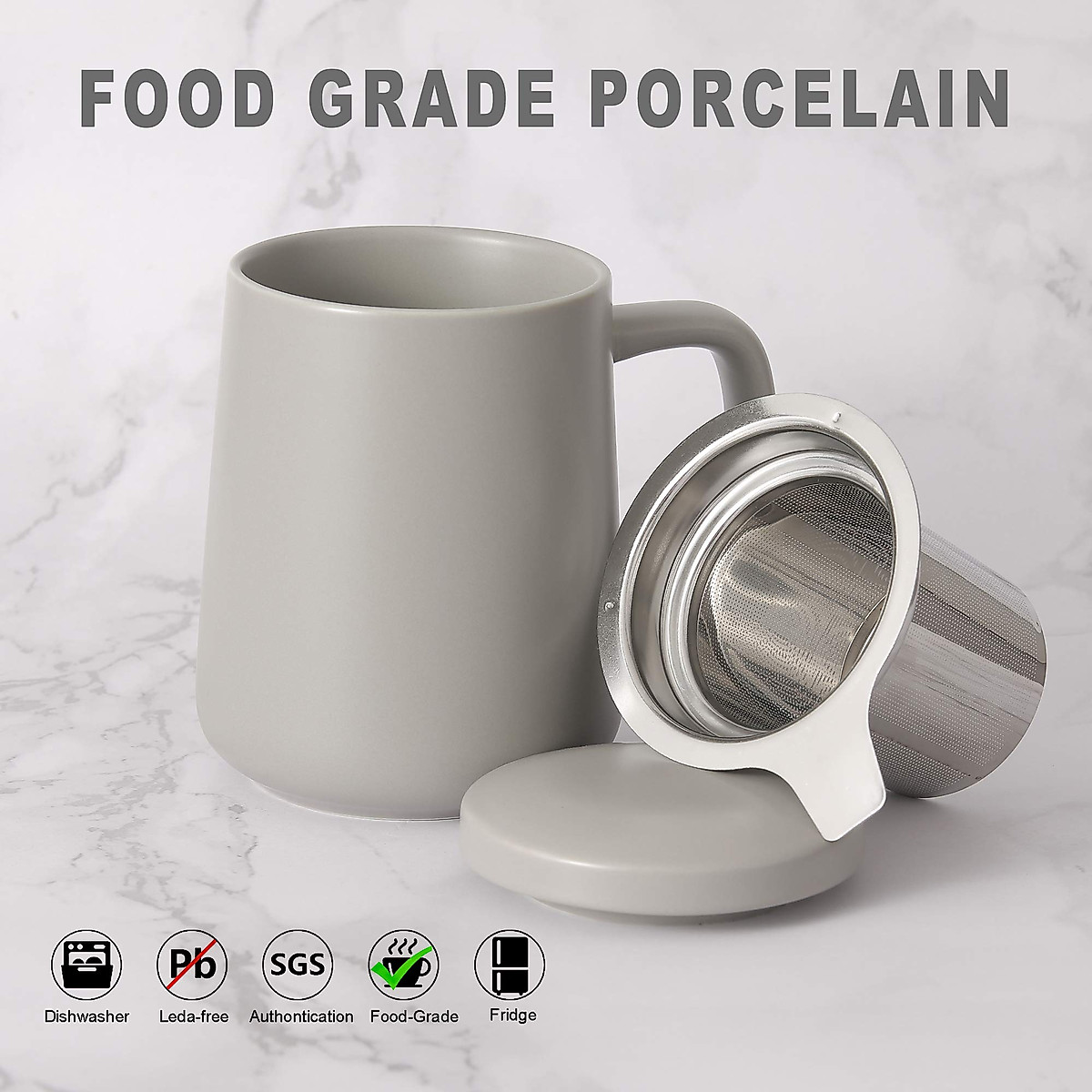 DHPO Artisan Series Ceramic Tea Mug with Infuser and Lid, 18oz Loose Leaf Tea Cup Large Handle Teaware Mug Gifts for Women and Men, Grey