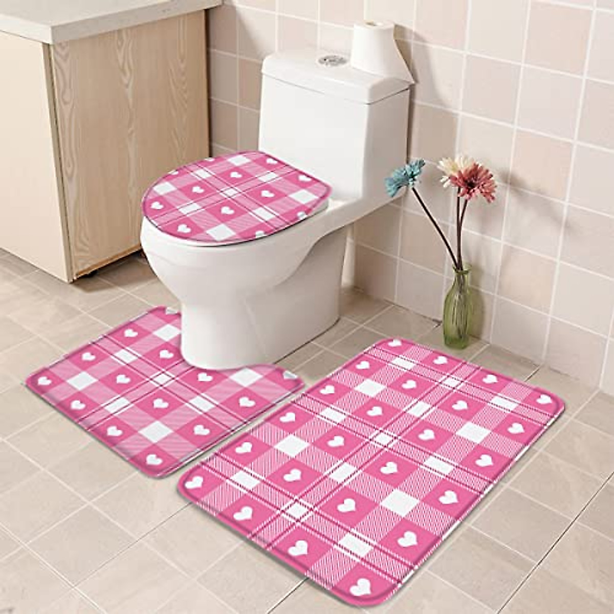 Valentines Day Bathroom Rugs Sets Love Heart Bath Mats Set with Toilet Lid Cover Non Slip Bathroom Mat, U-Shaped Contour Toilet Mat, Pink Buffalo Plaid Check 3 Piece Bathroom Rugs