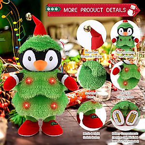 ACETOP LED Musical Christmas Tree Penguin Stuffed Animal Repeats What You Say Light up Soft Plush Toy Singing Dancing Talking Record Mimicking Twisting Interactive Animated Dolls Decoration Xmas Gifts