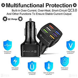 Car Charger Adapter - QC 3.0 and 5 Other Ports, 6 USB Multi-Port, Fast Charger, Car Charger Adapter Compatible with iPhone, Android, Tablet and Other USB Device