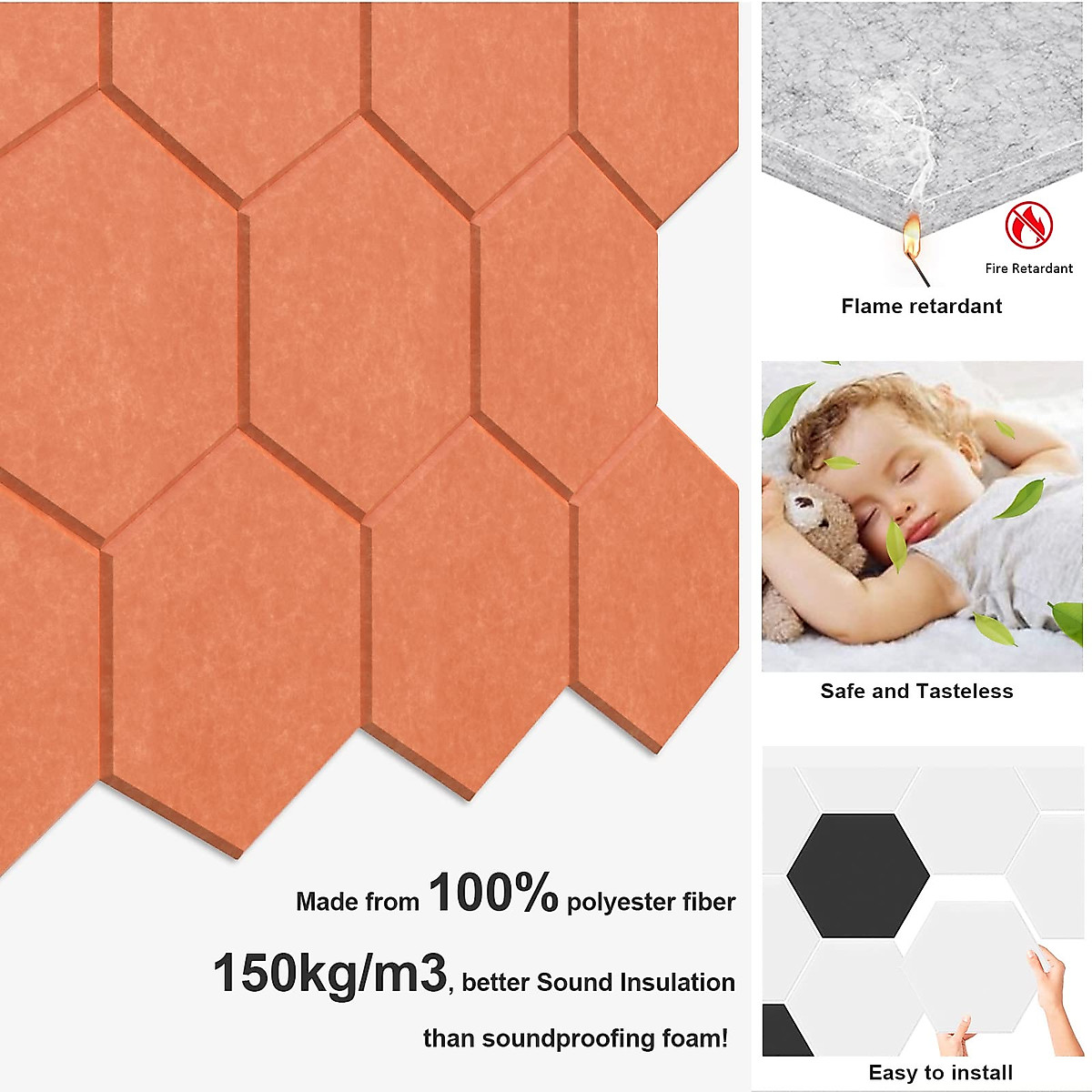 JBER Hexagon Acoustic Panels Beveled Edge Sound Proof Foam Panels Self-adhesive,14" X 12" X 0.4" High-Density Sound Absorbing Panels Wall Tiles for Acoustic Treatment, Home Office （12 Pack Orange）…