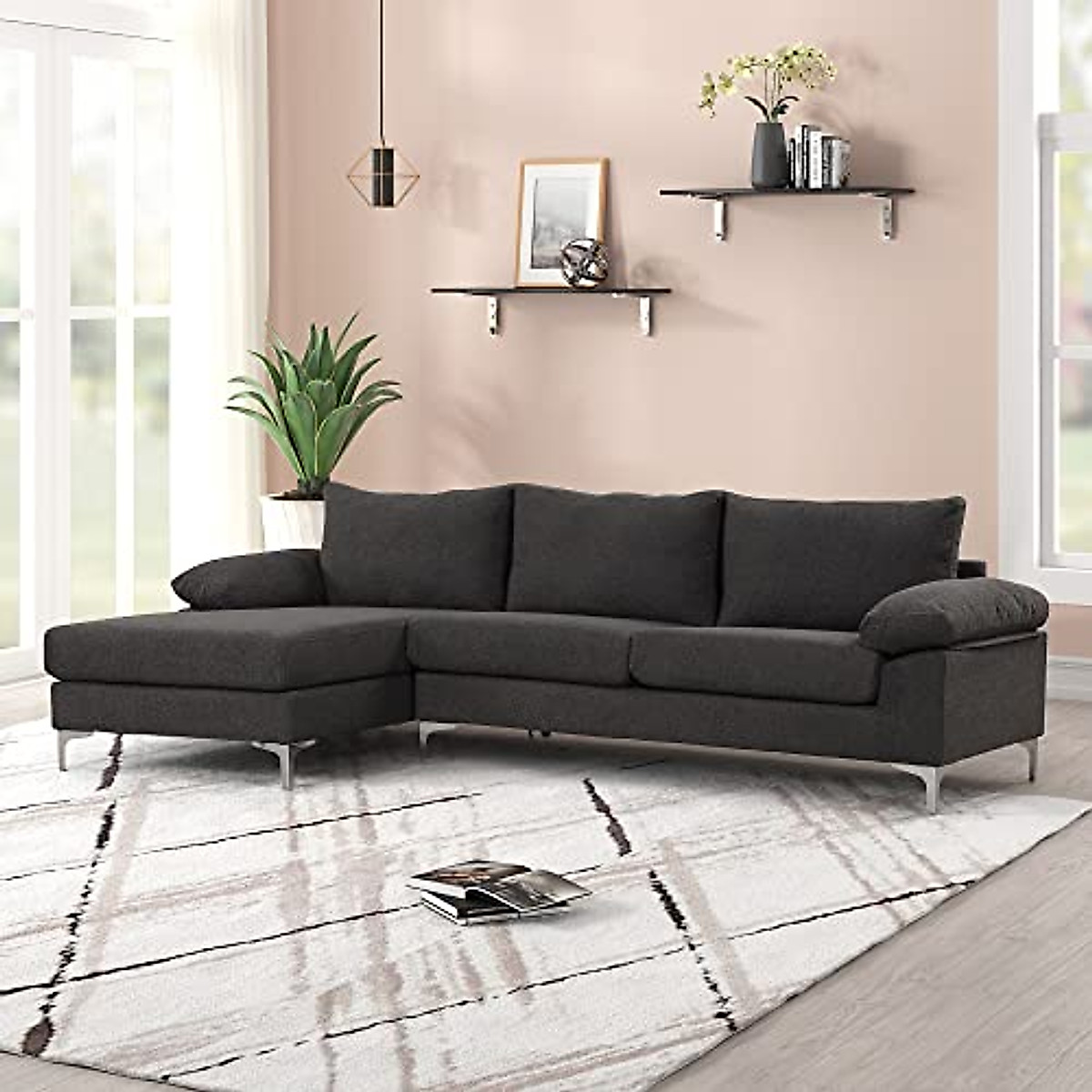 Casa Andrea Milano Modern Large Boucle L-Shape Sectional Sofa, with Extra Wide Chaise Lounge Couch, Dark Grey