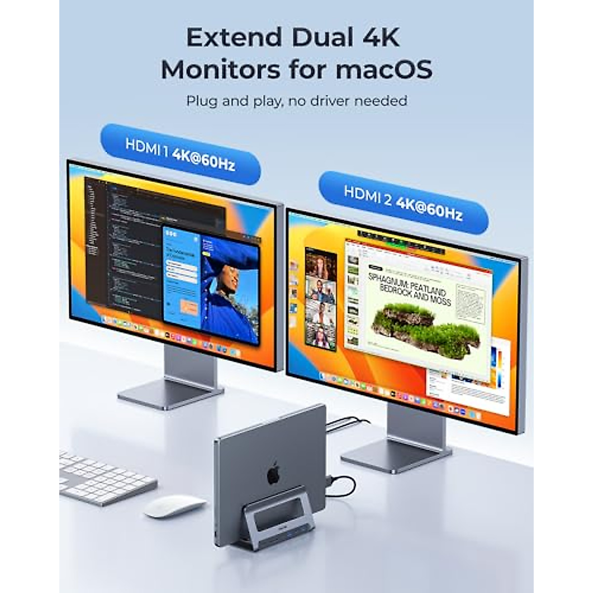 USB C Docking Station Dual Monitor for MacBook Pro/Air, USB C Dock Dual HDMI, Dual HDMI for Mac, Docking Station Stand with 10Gbps USB C/USB, PD3.0, RJ45, USB/USB C 3.0,2*USB2.0, SD/TF, Audio