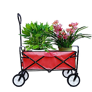 Collapsible Folding Wagon, Heavy Duty Utility Beach Wagon Cart with Side Pocket, Large Capacity Foldable Grocery Wagon for Garden Sports Outdoor Use (Red)