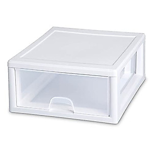 Sterilite 16 Quart Stackable Sturdy Plastic Storage Drawer Container for Home and Office Organization, Clear and White (12 Pack)