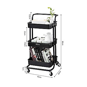 XGATML ALA7 3-Tier Rolling Utility Cart with Roller Wheels Service Cart with Handle Mobile Storage Organizer for Kitchen, Bathroom, Office, Coffee Bar(Black)