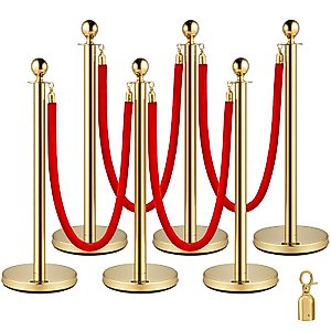Velvet Ropes and Posts 6 Pcs, 5 ft Red Velvet Rope, Stanchion Post with Ball Top, Crowd Control Barriers Gold Stanchions, Red Carpet Poles, Crowd Control Ropes and Poles for Party Museums