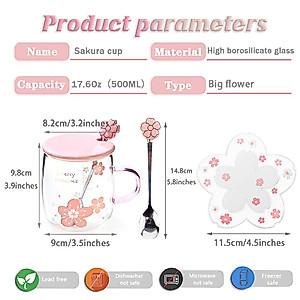 ZRAGEK Sakura Mug Creative Sakura Cup Coaster, Office Drinking Cup with Scale, Cute Heat Resistant Glass Mug with Lid Spoon, 17.6 oz Large Capacity(Big flower,17.6Oz)
