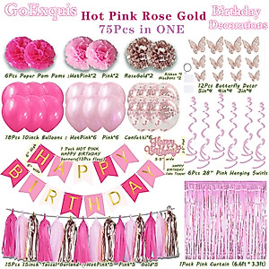 GoExquis Hot Pink Rose Gold Birthday Decorations for Women Girls Butterfly Decor Cake Topper Hanging Swirls Foil Curtain Tassel Garlands Paper Pom Poms Happy Birthday Banner Balloons
