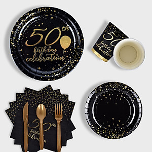 Gatherfun 50th Birthday Party Supplies Disposable Paper Plates Napkins Cups Knives Spoons Forks Tablecloth Banner Number 50 Balloons for Men Woman Black and Gold 50 Birthday Party Decorations Serve 25