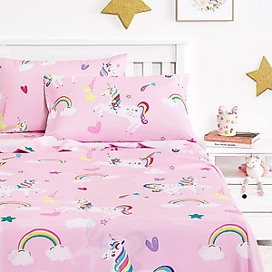 Wake In Cloud - Unicorn Bed Sheets for Girls, 4-Piece Sheets Set Kids, Cute Colorful Rainbow Magical Unicorns Stars Cloud Printed Soft Lightweight Bedding, Deep Pocket, Pink, Twin Size