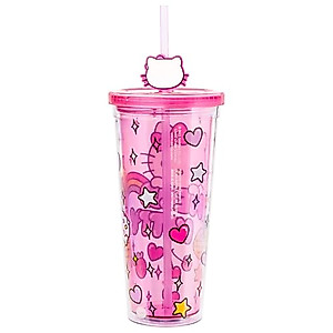 Silver Buffalo Sanrio Hello Kitty Kawaii Cute Hearts and Sparkle Plastic Cold Cup with Lid and Straw Topper, 24 Ounces