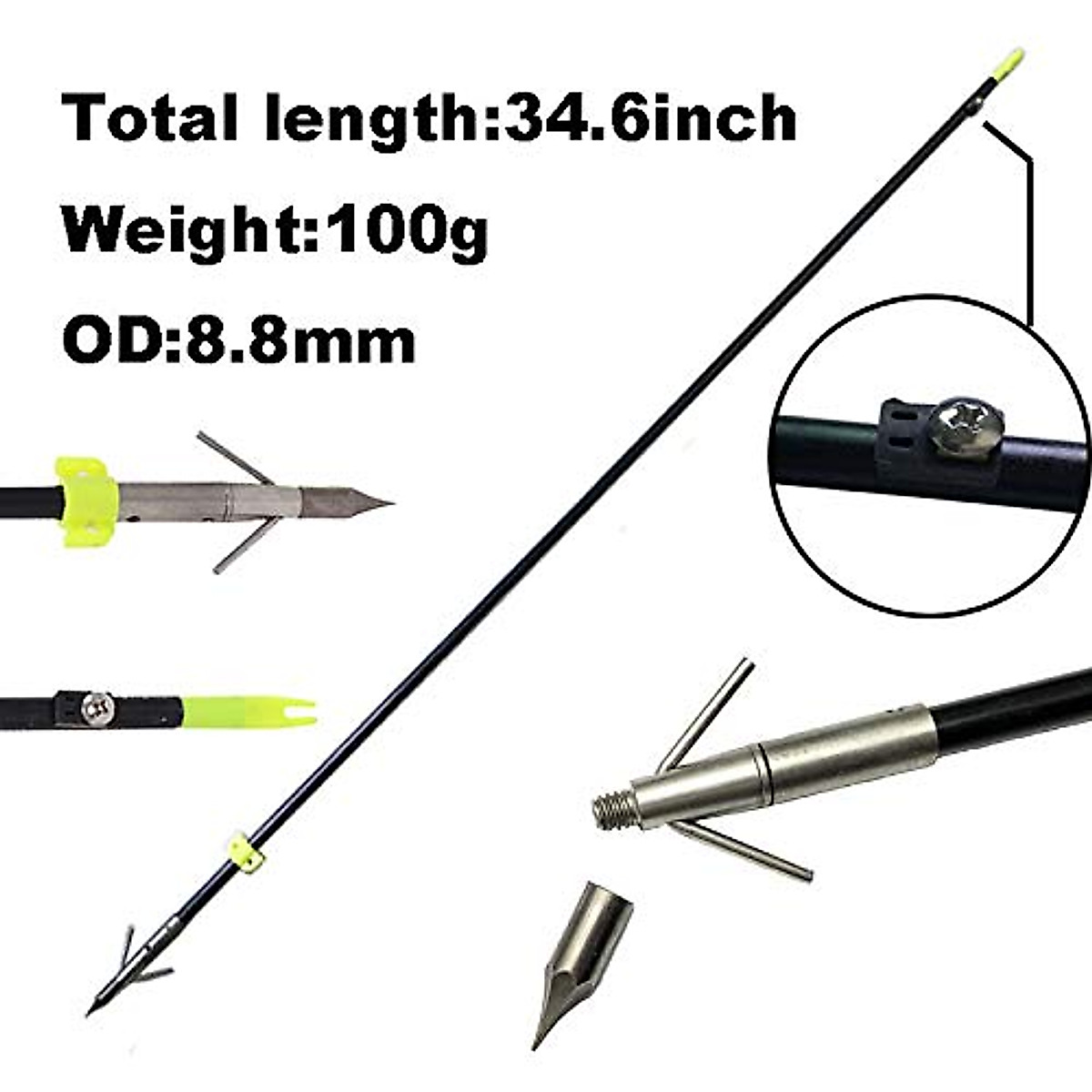 AMEYXGS 6/12pcs Archery Fiberglass Bowfishing Arrow Bow Fishing Arrows with Broadheads and Safty Slides for Compound and Bow Recurve Bow Fishing Hunting (6 Pcs)