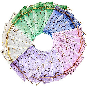 yuntop 100Pcs Moon Star Organza Jewelry Candy Pouch, Gift Bags Pouches for Wedding Party Valentine's Day (Mixed Color, 3.5 x 4.7 inch)