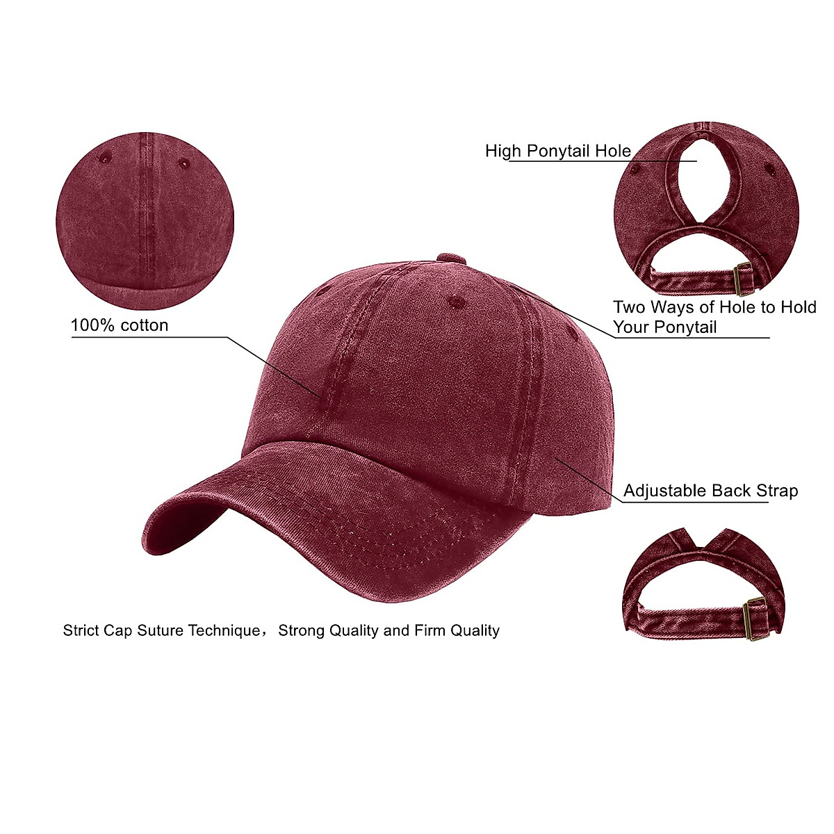 29 IYEBRAO Womens Ponytail Baseball Cap Messy Bun Ponycap Washed Cotton Sport Hat Adjustable Dad Hat Trucker Cap Low Profile Hat (2 Pack-Washed-Classic-Black&Burgundy)
