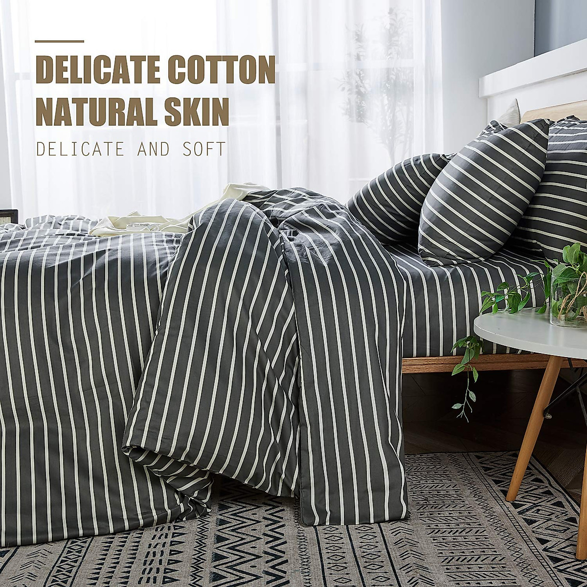 JELLYMONI 100% Natural Cotton 3pcs Striped Duvet Cover Sets, Dark Grey Duvet Cover with White Stripes Pattern Printed Comforter Cover, with Zipper Closure & Corner Ties(King Size)