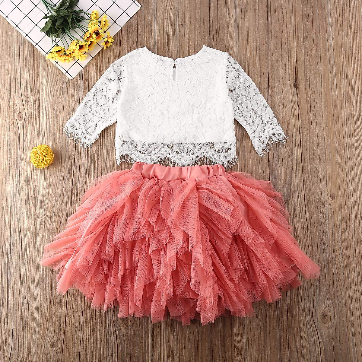 Goelsakurara 2PCS Kids Baby Girl Lace Hollow T-Shirt Tops+Tutu Skirt Toddler Ruffle Layers Dresses Outfits Birthday Party Pink, 3-4T