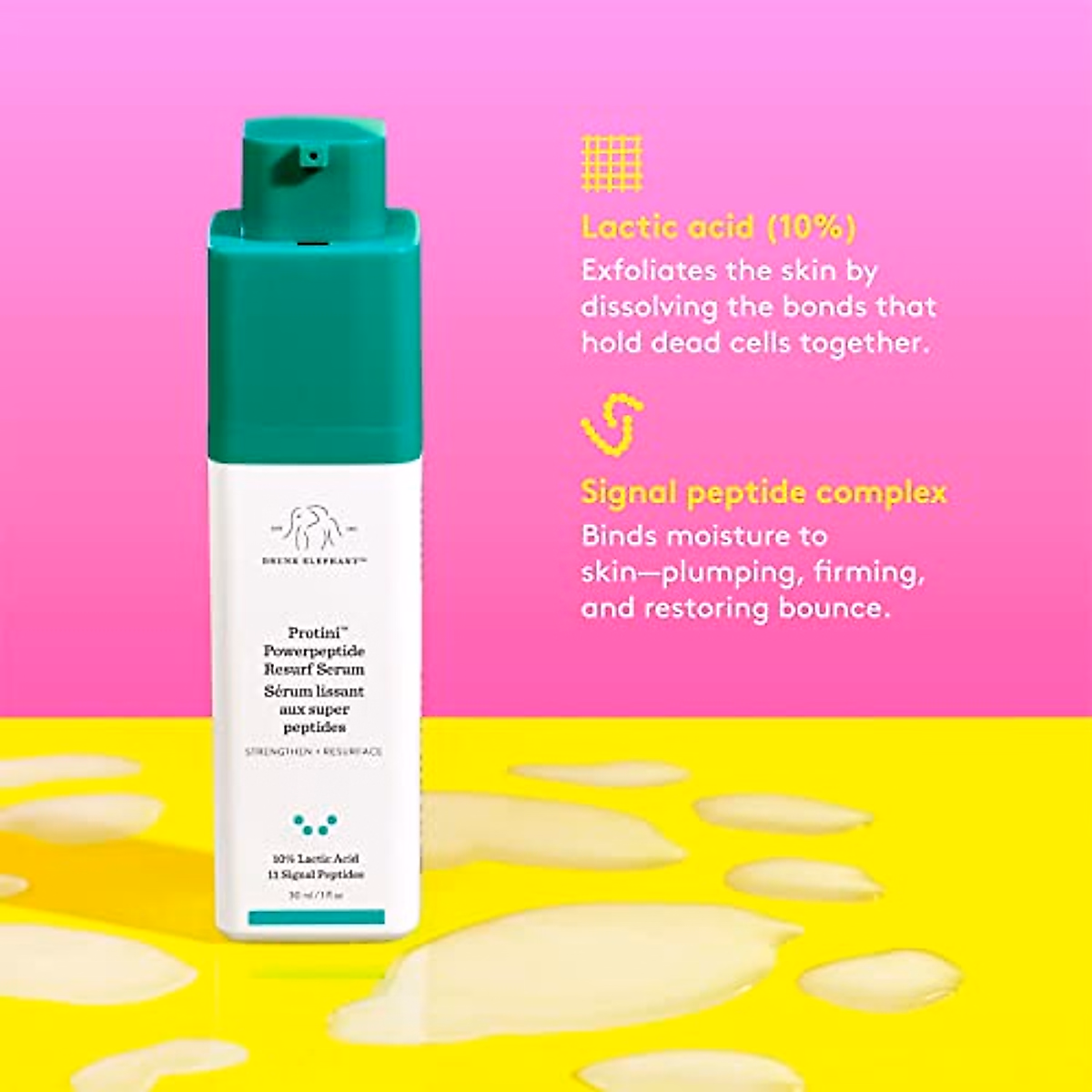 Drunk Elephant Protini Powerpeptide Resurf Serum. Strengthen and Resurface Face Serum with 10% Lactic Acid and 11 Signal Peptides (30 mL / 1 Fl Oz)