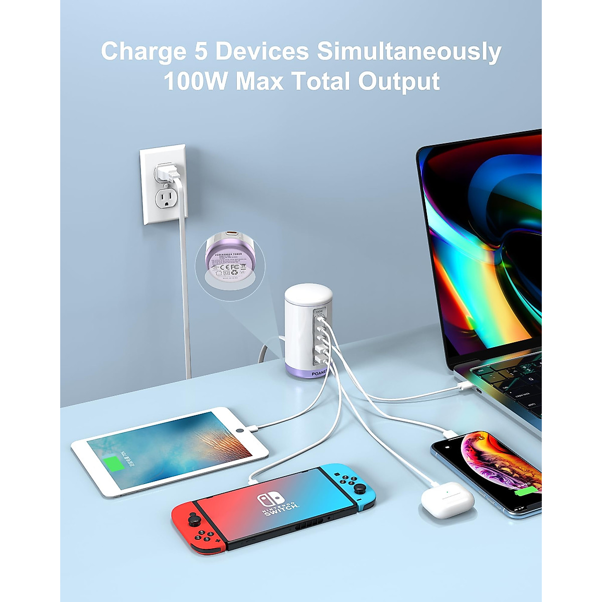 USB Charging Tower 100W, 5 Ports USB C Charger PD Port Fast Charging Station for Multiple Devices MacBook, Lenovo Laptop, iPhone 14/13/12 Pro Max, Samsung Galaxy, iPad, Nintendo Switch