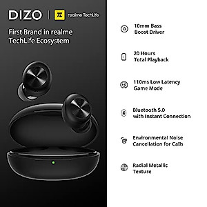DIZO GoPods D Bluetooth Earbuds Wireless Headphones, Clear Calls, Environmental Noise Cancellation, Deep Bass Boost, Waterproof Stereo TWS Earphones, Touch Control, Low Latency, Sports Headsets Black