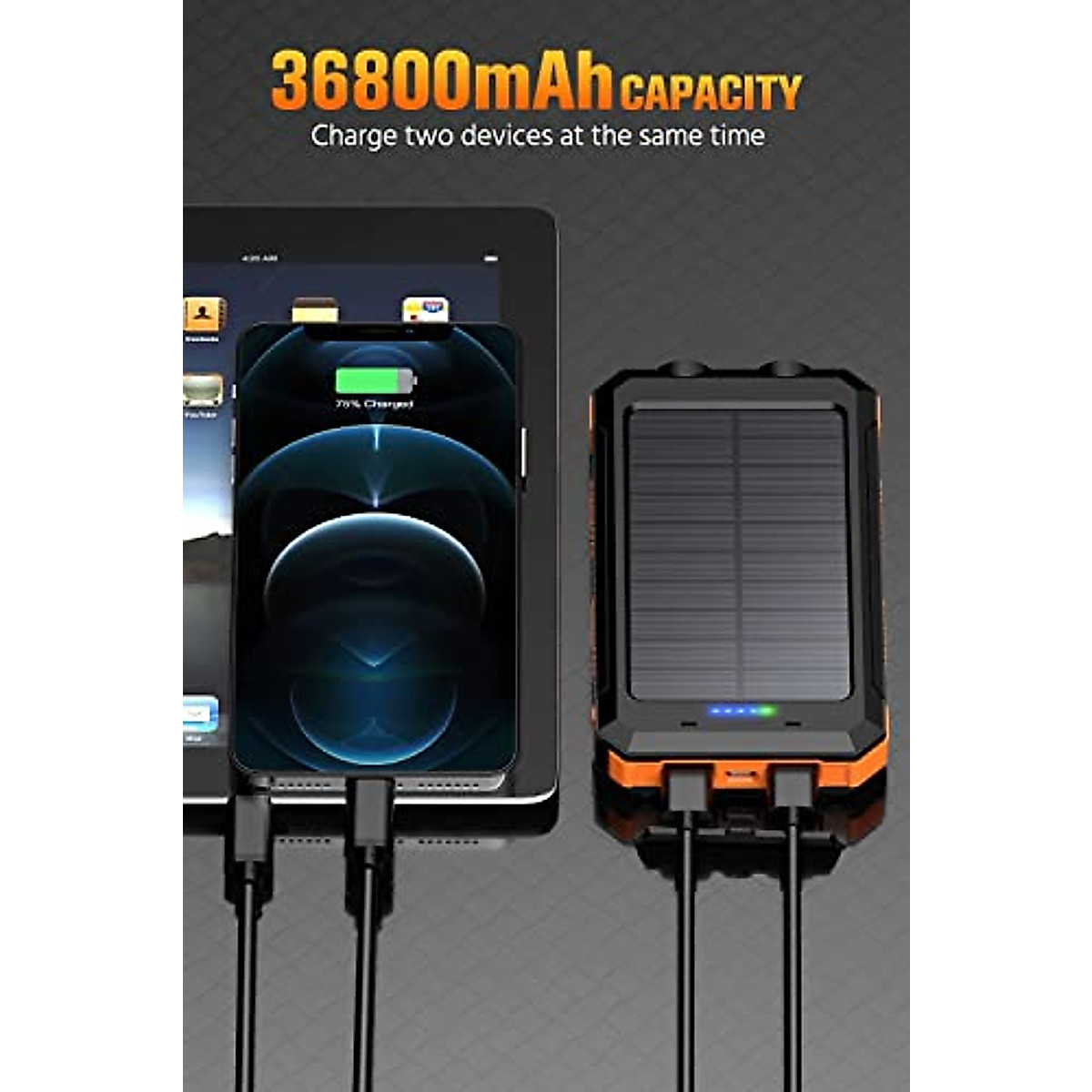 Feeke Solar-Charger-Power-Bank - 36800mAh Portable Charger,QC3.0 Fast Charger Dual USB Port Built-in Led Flashlight and Compass for All Cell Phone and Electronic Devices(Orange)