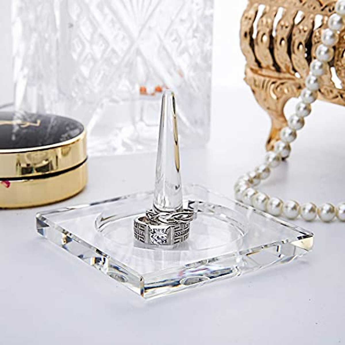 H&D Square Crystal Glass Ring Holder for Jewelry