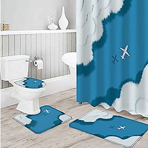 Crystal Emotion 4 Pcs Bathroom Shower Curtains Sets with Rugs, Ocean Sky Cloud, Luxury Toilet Lid Cover, Bath Mat，Waterproof Fabric Shower Curtain with 12 Hooks for Hotel/Bathroom Airplane