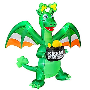 SEASONBLOW 7 Ft Inflatable St. Patrick's Day Dragon Holding a Pot of Gold Decoration with Shamrock Horn Irish Wings LED Blow Up Yard Decor for Lawn Yard Garden Indoor Outdoor Holiday Party