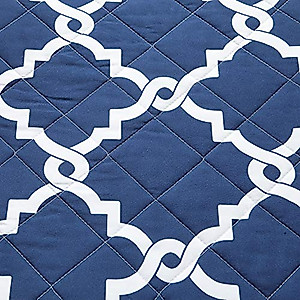 Madison Park Essentials Merritt Reversible Daybed Cover-Fretwork Print, Diamond Quilting All Season Cozy Bedding with Bedskirt, Matching Shams, Decorative Pillow, 75"x39", Navy 6 Piece