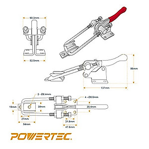 POWERTEC 20324 Vertical Latch Action Toggle Clamp 40344 w Threaded U Bolt and Red Vinyl Handle Grip – 1980 lb Holding Capacity, 1PK