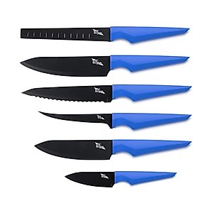 Edge of Belgravia Precision Extended Kitchen Knives 6 Piece Set Non-Stick Stainless Steel Blades (Blue)