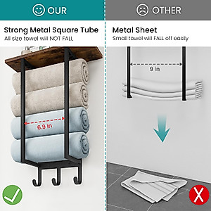 ELITEROO Towel Racks for Bathroom Wall Mounted, Towel Holder with Wooden Shelf and 3 Hooks for Washcloths Hand Towel, Bath Towel Storage Organizer for Small Bathroom, RV, Rustic Brown