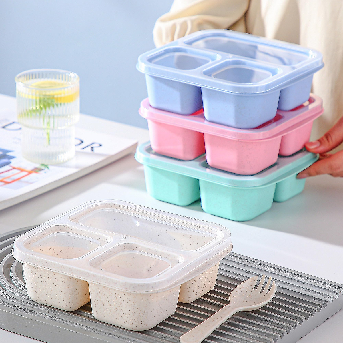 Bento Box For Kids, 4 Pack 3 Compartments Meal Prep Containers Reusable Lunch Containers, Food Storage Containers With Lids, Stackable Snack Boxes for School, Work, and Travel