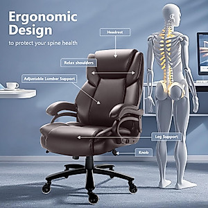 Waleaf Heavy Duty Office Chair 500lbs, Big and Tall Office Chair for Heavy People, Adjustable Ergonomic Lumbar Support Executive Office Chair with High Back with Quiet Rubber Wheels (Brown)