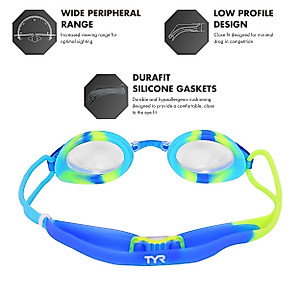 TYR Junior Blackhawk Racing Googles, Clear/Blue/Green, One Size