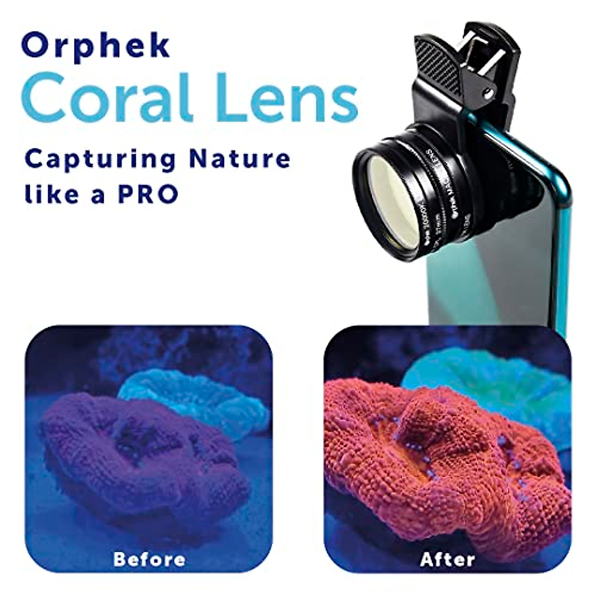 Orphek Coral Lens – Kit for All Smartphones – 4 Lens Included: Macro, CPL 37mm Polarized, 15,000k Orange, 20,000k Yellow – Universal Phone Clip – Lens Made of Glass – for Better Photography