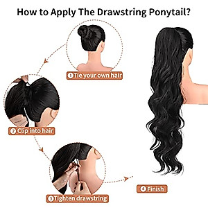 SEIKEA 26" Long Wavy Drawstring Ponytail, PT004 Gita for Black Women Natural Soft Clip in Ponytail Extension Synthetic Heat Resistant Hair Extensions Hairpiece Color Black