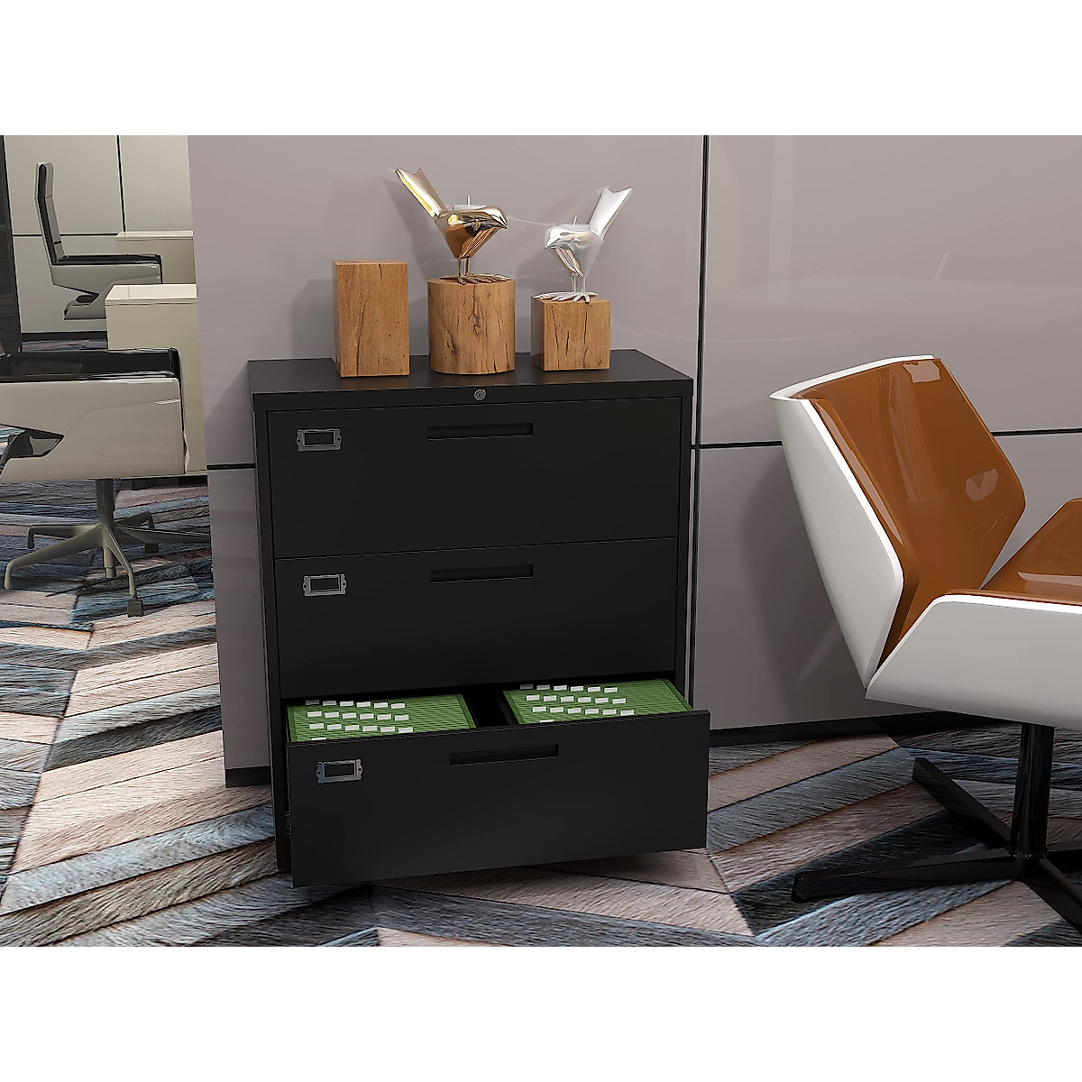 BYNSOE File Cabinet with Lock 3 Drawer Lateral File Cabinets for Legal/Letter A4 Size Metal Filing Cabinet for Office Home Requires Assembly(3 Drawers, Black)